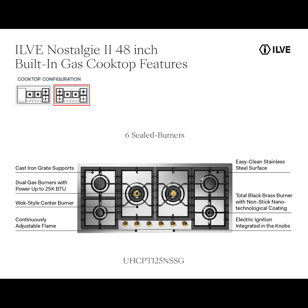 ILVE Nostalgie II 48 Inch Built In Gas Cooktop with Total Black Brass ...