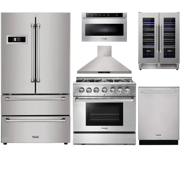 Thor Kitchen 6-Piece Pro Appliance Package - 36" Dual Fuel Range, Fren ...