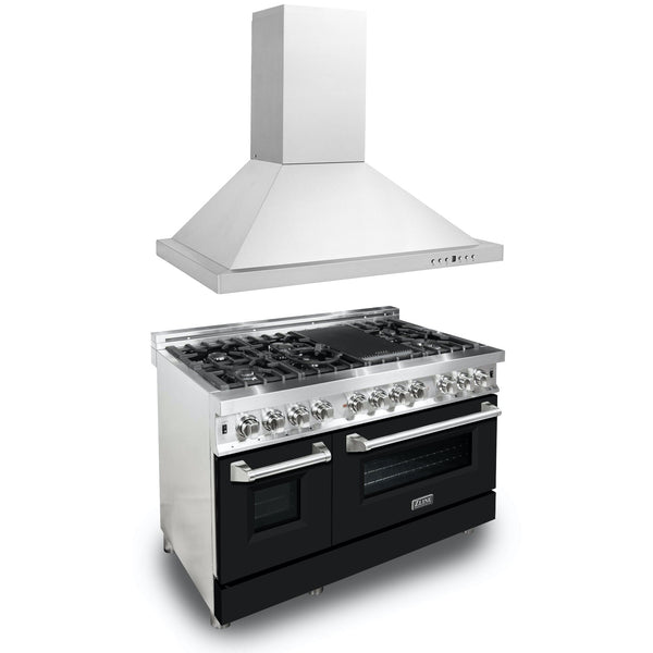 ZLINE 48" Kitchen Package with Stainless Steel Dual Fuel Range with Bl ...